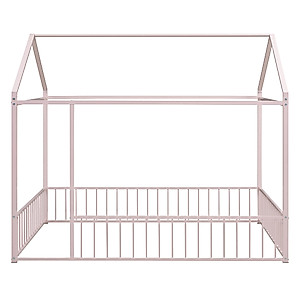 Harper & Bright Designs Full House Bed with Rails, Metal Full Floor Bed for Kids, Full Size Montessori Bed Frame with Roof, Kids Full Playhouse Beds for Boys Girls(Pink)