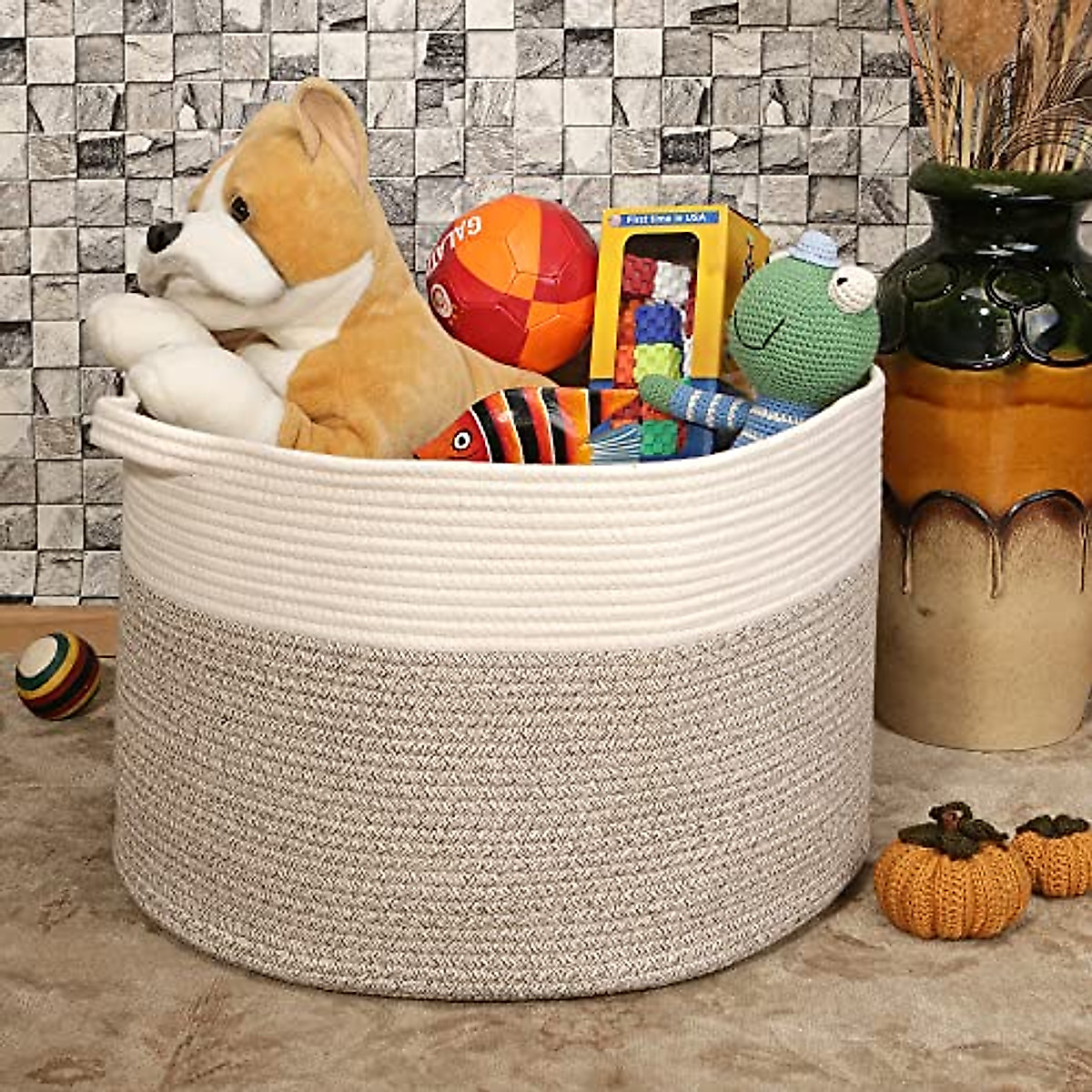 HETAPEAK XXXL Cotton Rope Basket, Natural Cotton Rope Storage Basket, Laundry Basket, Toys storage, Laundry Organizer, storage bins 21.7" x 21.7" x 13.8"