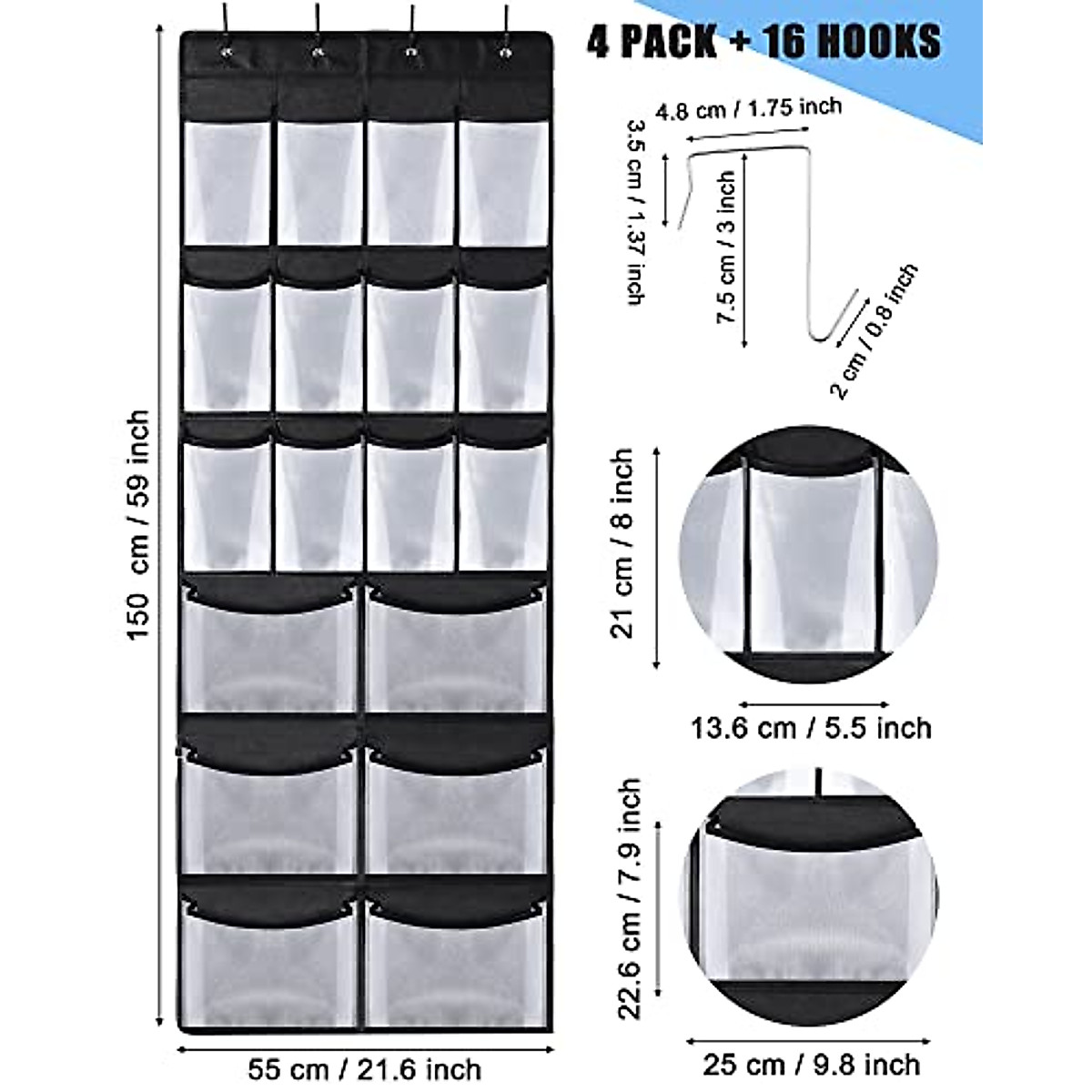 4 Pack Hanging Shoe Organizer over The Door Organizer Shoe Rack Door Hanging Storage, 18 Mesh Pockets with 16 Hooks for Entryway Dorm Bedroom Pantry Wall Closet, Black, White