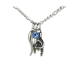 Mano Cornuto, Cornicello, and Nazar combo Necklace, on 20" Figaro Chain, Italian Lucky Hand Horn Anti Evil Eye Good Luck Amulet Protection Charms All Stainless