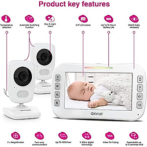 Axvue Video Baby Monitor, Comfortable Slim Design Handheld Enclosure, 5.0" Screen Monitor & 2 Camera, Range up to 1000ft, 8 Hour Battery Life, 2-Way Talk, Night Vision, Temperature Monitor, No WiFi.