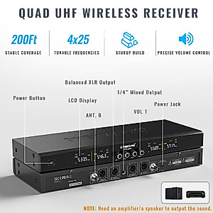 Phenyx Pro Wireless Microphone System, Metal Wireless Mic Set with 4 Cordless Mics, 4x25 UHF Adjustable Frequencies, 200ft Range, Dynamic Microphones for Singing, Karaoke, Church, DJ (PTU-5200-4H)