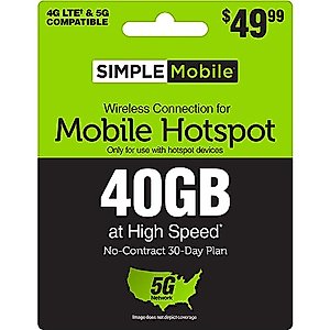 SIMPLE Mobile $49.99 Hotspot Data Plan, 40GB / 30-Days [Physical Delivery]