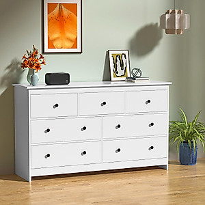 CARPETNAL White Dresser for Bedroom, 7 Drawer Dresser with Wide Drawer and Metal Handles, Woode Dressers & Chests of Drawers for Hallway, Entryway.
