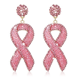 Glitter Rhinestone Pink Ribbon Drop Earrings Beaded Breast Cancer Awareness Earrings Jewelry for Women Breast Cancer Survivor Support Jewelry Gifts (Glitter rosy)