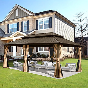 Domi 12' x 20' Hardtop Gazebo Permanent Metal Gazebo with Galvanized Steel Double Roof, Curtains and Netting for Party, Wedding, Outdoor Dining, Patio, Backyard, Brown