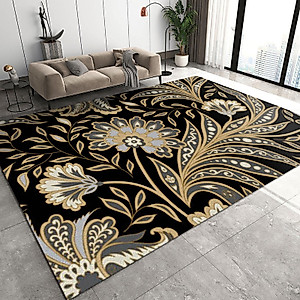 Luxury Abstract Leaves Floral Area Rugs, Black Background Brown Plants Living Room Rug, Soft Cozy Breathable Washable Entryway Rug for Dining Room Bedroom Bedside Indoor Runner, 2x3ft