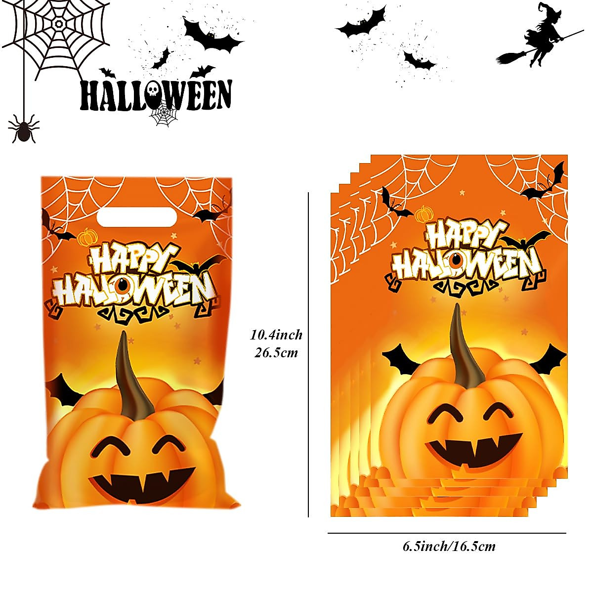 Artby7 50 Pcs Halloween Crafts Plastic Bag With Die Cut Handle, 6.5''x10'' Trick or Treat Bags Goodie Bags Halloween Candy Gift Bags for Halloween Party Favors Supplies Decorations