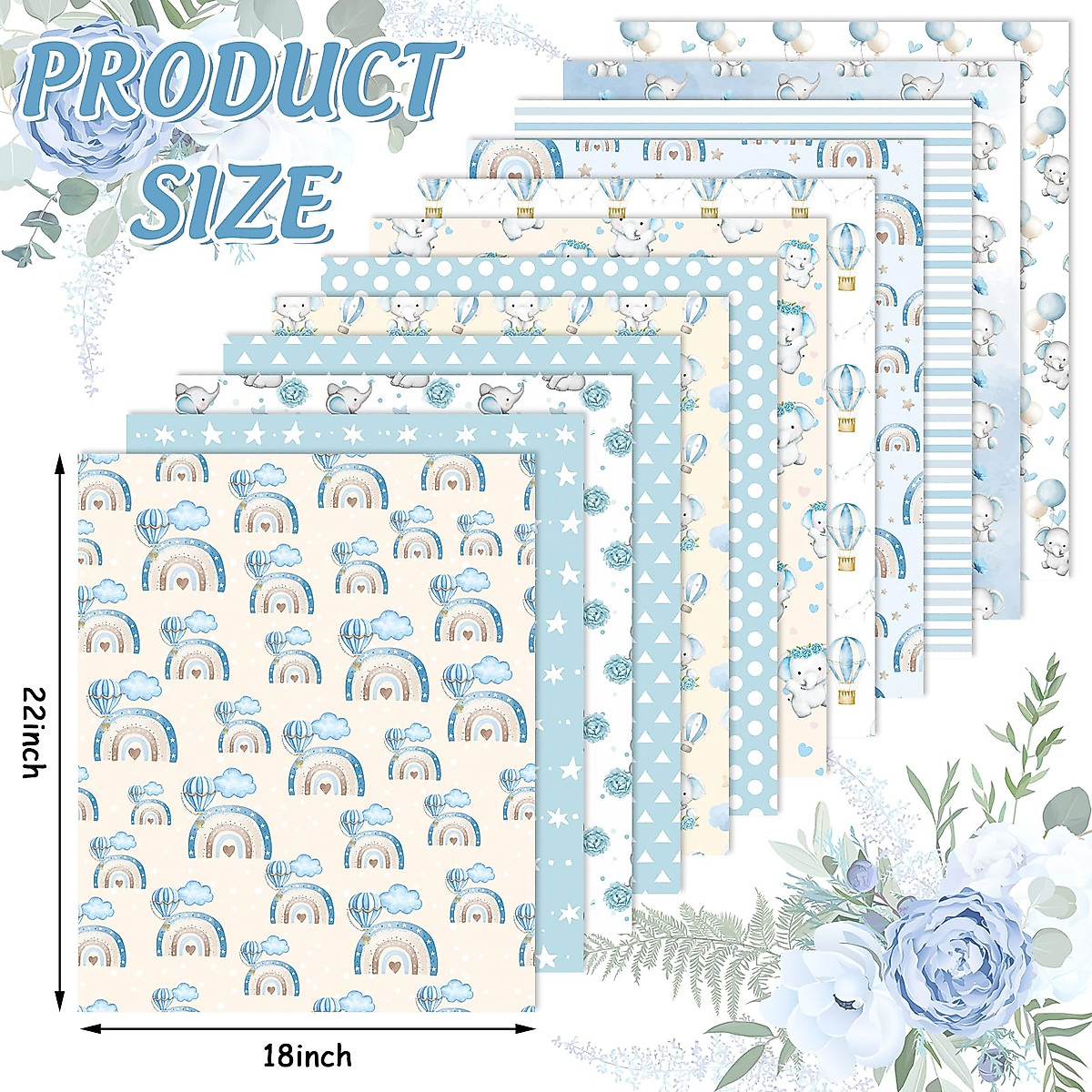 AnyDesign 12Pcs Baby Shower Cotton Fabric Bundles Blue Elephant Hot Air Balloon Star Rainbow Printed Fat Quarters Cute Sewing Fabrics for DIY Handmade Crafting, 18 x 22 Inch