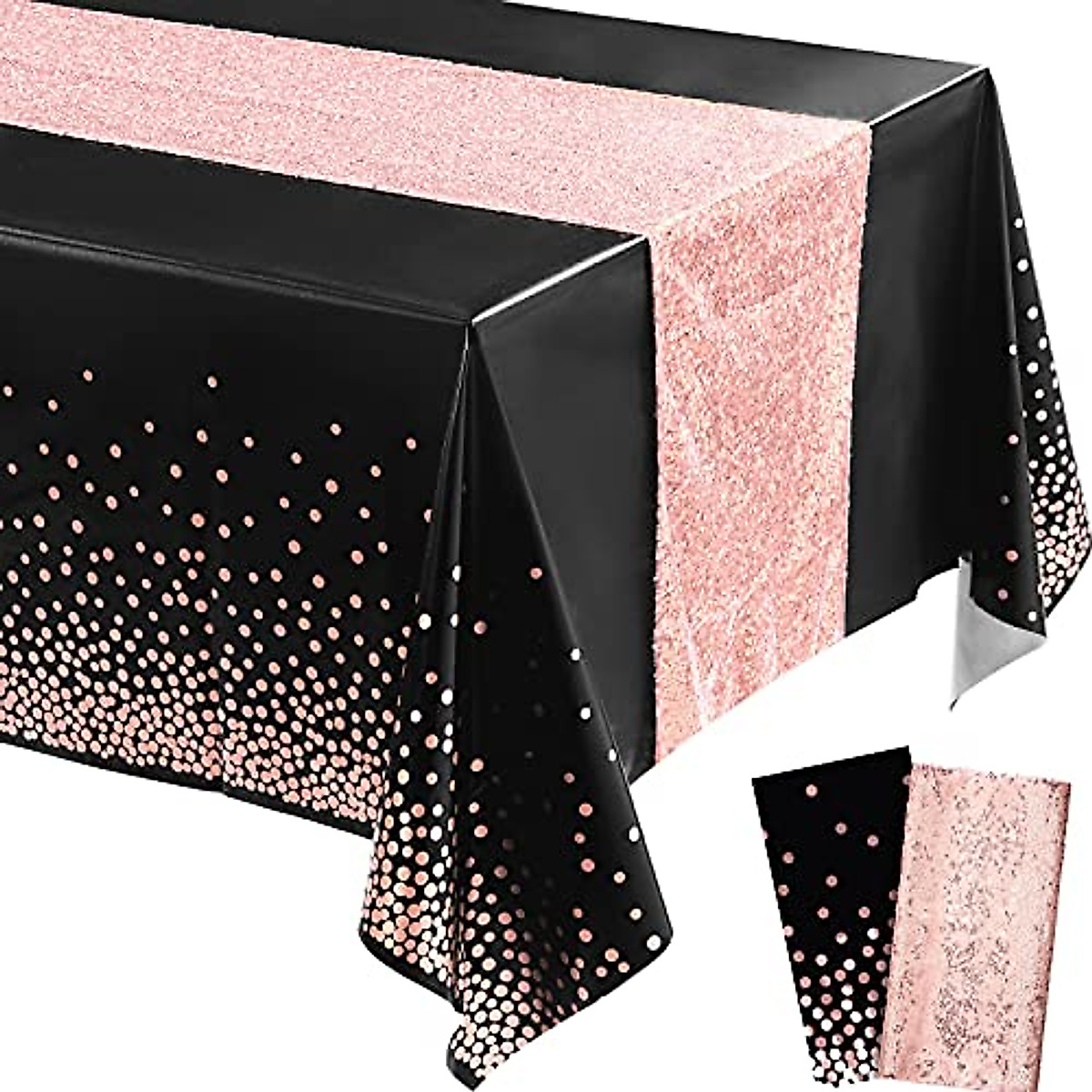 Irenare Tablecloth and Sequin Table Runner Set Polka Dots Confetti Table Cover Dining Plastic Table Cloths Glitter Decorations for Birthday Wedding Anniversary Party Supplies (Black, Rose Gold)