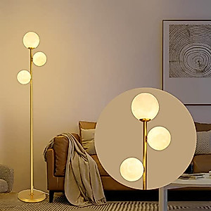 3 Globe Moon Floor Lamp for Living Room, Modern Gold Floor Lamp with 3D Printing Frosted Shade and LED Bulb, Mid Century Standing Lamp, 67" Metal Tall Pole Lamp for Bedroom Girls Room, Dresser, Office