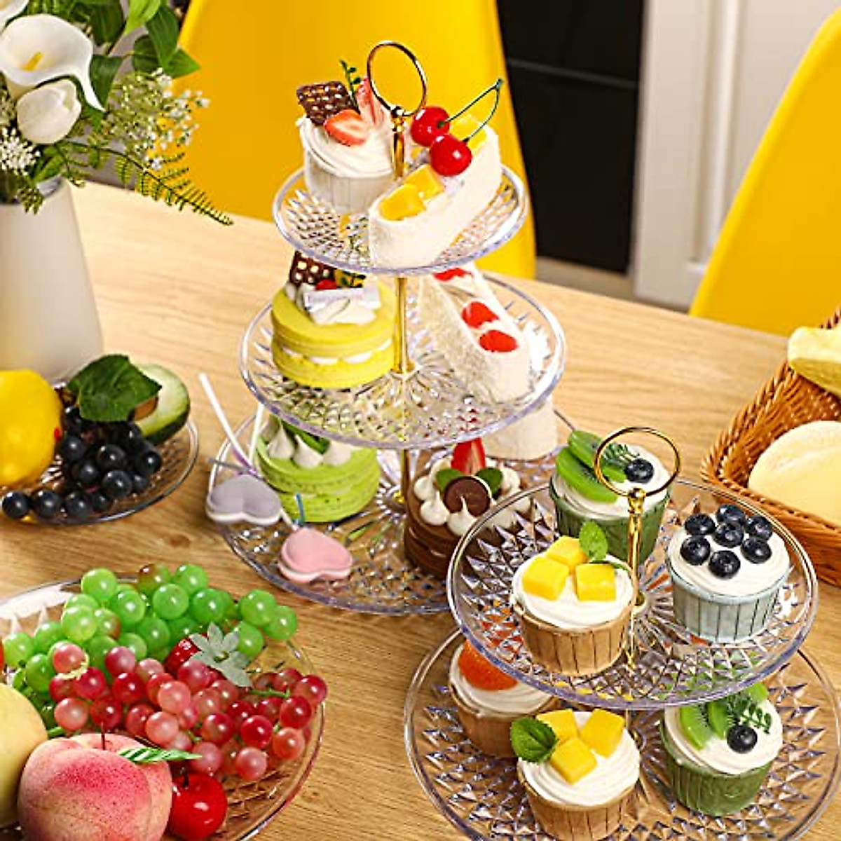 14 Pieces Tiered Cupcake Stand Set Gold 2-Tier 3-Tier Serving Stand Tower Tray with Round Rectangle Food Serving Trays Long Slim Dessert Stand for Party Baby Shower Wedding (Crystal Style)