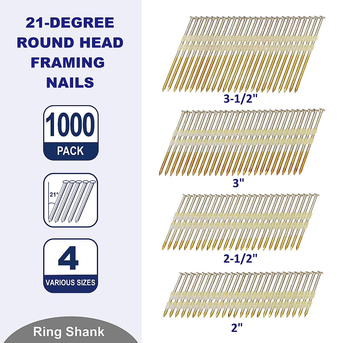 HW HAMWOO Framing Nails,21°Round Head Nail Pack,1000-Pack (2"- 250Pcs,2-1/2"- 250Pcs,3"- 250Pcs, 3-1/2"- 250Pcs),Galvanized Nail,Ring Shank