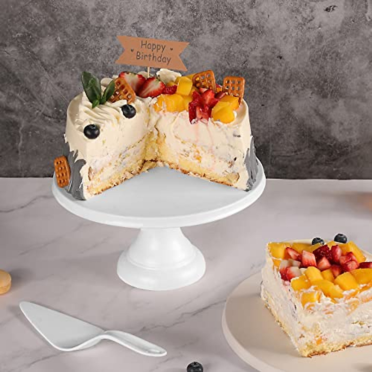 ECOWAY Round Cake Stand 9.84 Inch with Cake Spatula, White Bamboo Cupcake Stand, Dessert Display Plates for Snacks and Cookies, Candy Dish for Birthday Parties, Weddings, Baby Shower and Other Events