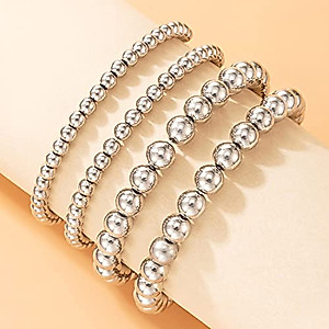 Xerling 4Pcs Silver Beaded Bracelets for Women Ball Chain Bracelets for Teen Girls Stretchable Elastic Bracelet Light Weight (Silver Ball)