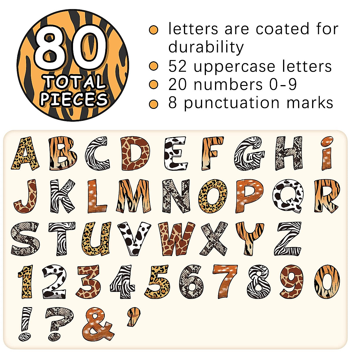 80 Sheets Animal Prints Letters Cutout Animal Print Bulletin Board Letters and Number Accents Safari Animal Texture Letters Wall Decors with Glue Point Dots for Kids Nursery School Classroom