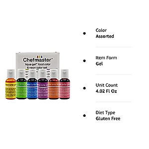 Chefmaster - Neon Liqua-Gel Food Coloring - Fade Resistant Food Coloring - 6 Pack of 20ml Bottles - Stunning, Vivid Colors with Lightweight and Easy-To-Blend Formula - Made in the USA