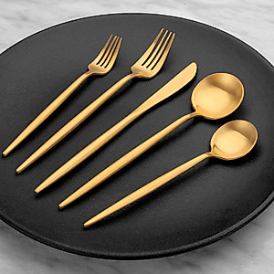 Bettlife Matte Gold Silverware Set Stainless Steel Satin Finish Flatware Cutlery Set for 4, 20-Piece Spoons and Forks Kitchen Utensil Set, Dishwasher Safe (Matte Gold, 20 P)