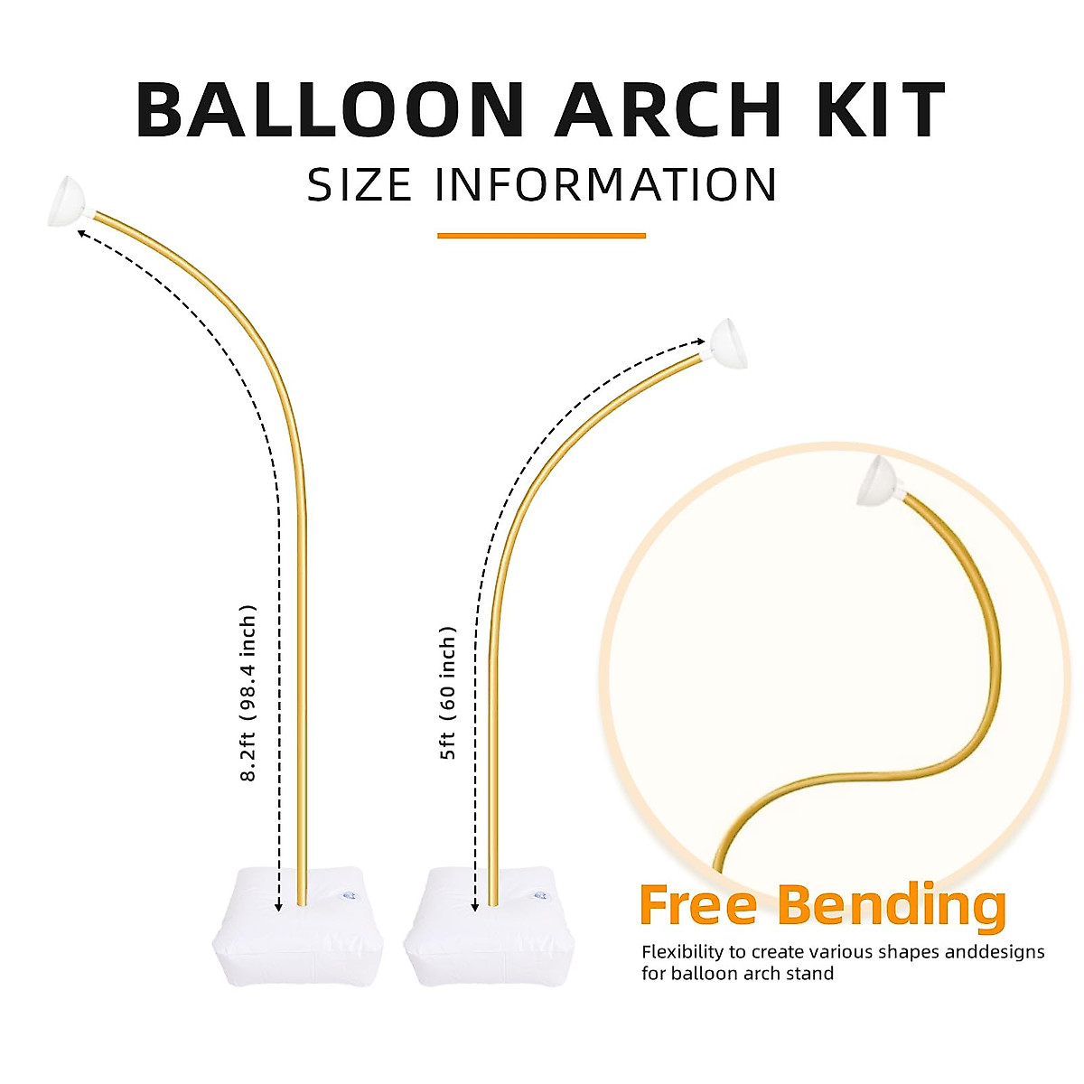 JINSENHUI 8FT & 5FT Gold Balloon Stand Kit, Free Bending Balloon Arch Column, Half Arch Balloon Stand with Base for Wedding, Birthday, Baby Shower, Graduation, and More