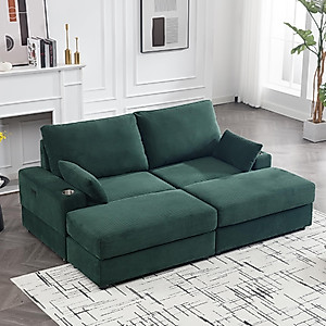 Tmsan 82.7" Oversized Deep Seat Loveseat with Ottomans, Corduroy Double Chaise Sleeper Sofa, Modular Sectional Cloud Couch with Cup Holders & USB Ports for Living Room Apartment Office (Green)