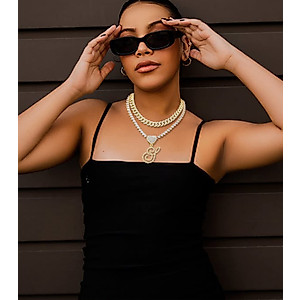 KOHOTA Gold Cuban Link Chain for Women Cursive Initial Pendant Necklace Layered Heart Shaped Zirconia Iced Out Chain Bling Necklace 24K Gold Plated Luxury Hip Hop Jewelry