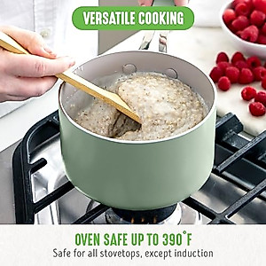 GreenLife Dream 2-Quart Ceramic Nonstick Saucepan with Lid, PFAS-Free & PFOA-Free, Dishwasher & Oven Safe, Stay-Cool Handle, Durable Aluminum Body, Easy Clean, Versatile Cooking, Sage Green