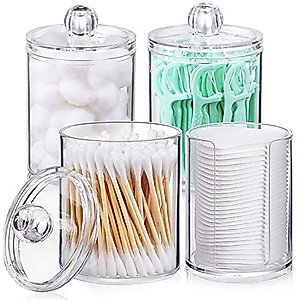 AOZITA 6 Pack Qtip Holder Dispenser for Cotton Ball, Cotton Swab, Cotton Round Pads, Floss - 10 oz Clear Plastic Apothecary Jar for Bathroom Canister Storage Organization, Vanity Makeup Organizer