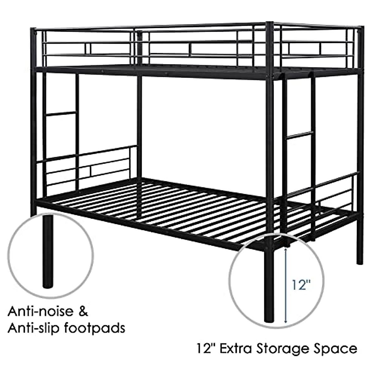KIVENJAJA Bunk Bed Twin Over Twin Size, Metal Twin Bunk Bed Frame with Safety Guardrail & 2 Ladders, Space-Saving, No Box Spring Needed (Black)