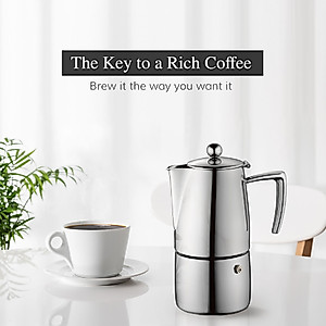 Minos Moka Pot Espresso Maker: Makes 6 Espresso Shots Suitable for Ceramic, Gas and Electric Stovetop - Stainless Steel With Flat Bottom and Heatproof Handle, Wear and Scratch-Resistant