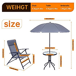 JOYTIO 4 Piece Patio Dining Set, Outdoor Garden Furniture Bistro Set with Tilted Removable Umbrella, 2 Folding Chairs, and Round Glass Table (Grey)