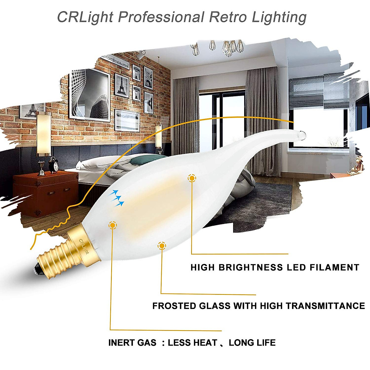 CRLight 2W LED Candelabra Bulb 3000K Soft White 25W Equivalent 250 LM, E12 Dimmable LED Chandelier Bulbs, Antique C35 Frosted Candle Flame Shape Bent Tip, 6 Pack