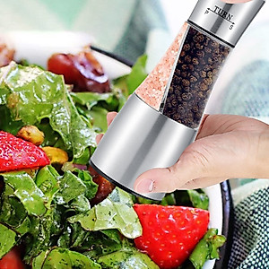 Salt and Pepper Grinder Set, Refillable Stainless Steel Combo Shakers With Adjustable Coarse Mills, 2 in 1 Manual Stainless Steel Salt Pepper Mill Herb Spice Grinder