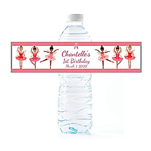 Personalized Ballerina Girls Party Water Bottle Labels, Pack of 25 Peel and Stick Waterproof Water Bottle Wrappers for Kids Birthday Favors
