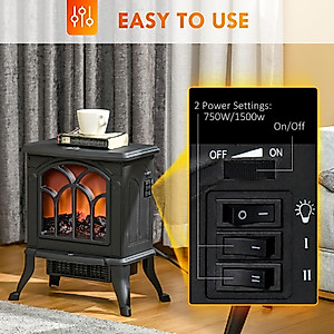 HOMCOM 17" Freestanding Electric Fireplace Stove, Fire Place Heater with Realistic Logs and Flame Effect, Adjustable Temperature, and Overheat Protection, 750W/1500W, Black