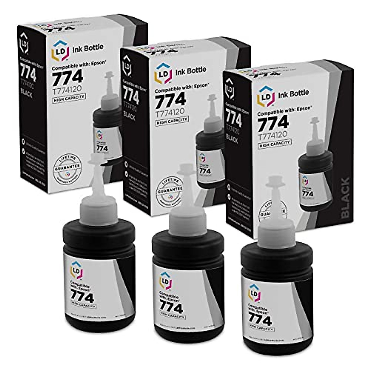 LD Products Compatible Ink Bottle Replacement for Epson 774 T774120 High Capacity (Black, 3-Pack)