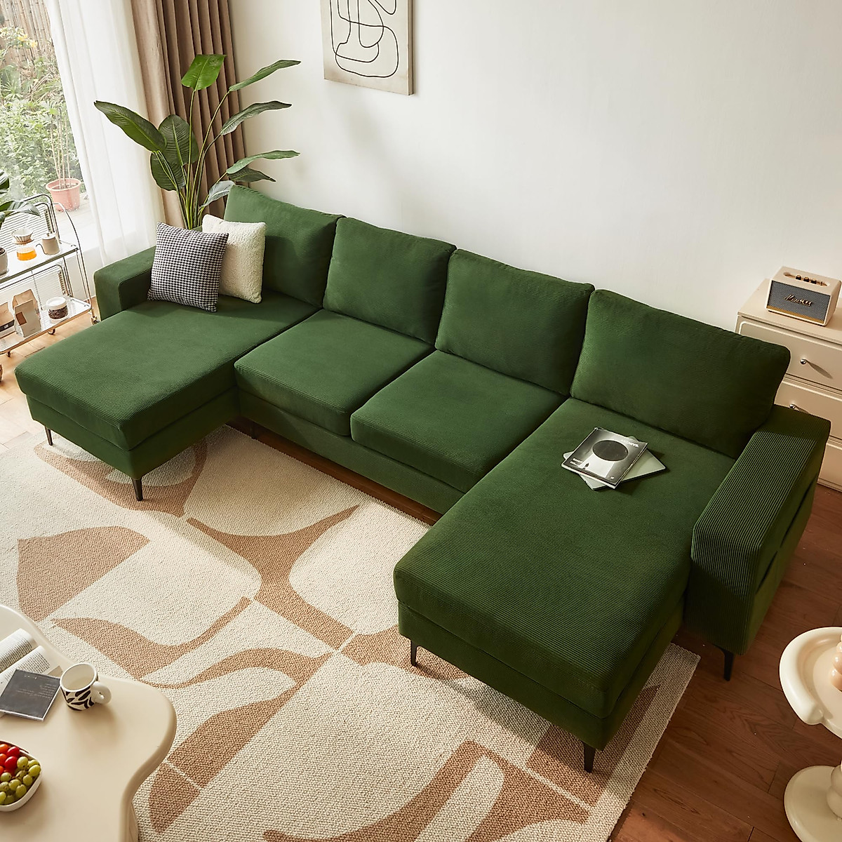 126" Convertible U Shaped Sectional Sofa - Oversized 4 Seat Sofa Couch with Double Chaise Lounge for Living Room,Comfy Oversized Wide Armrest Sleeper Sofa Couch Set (Dark Green, Corduroy Fabric)