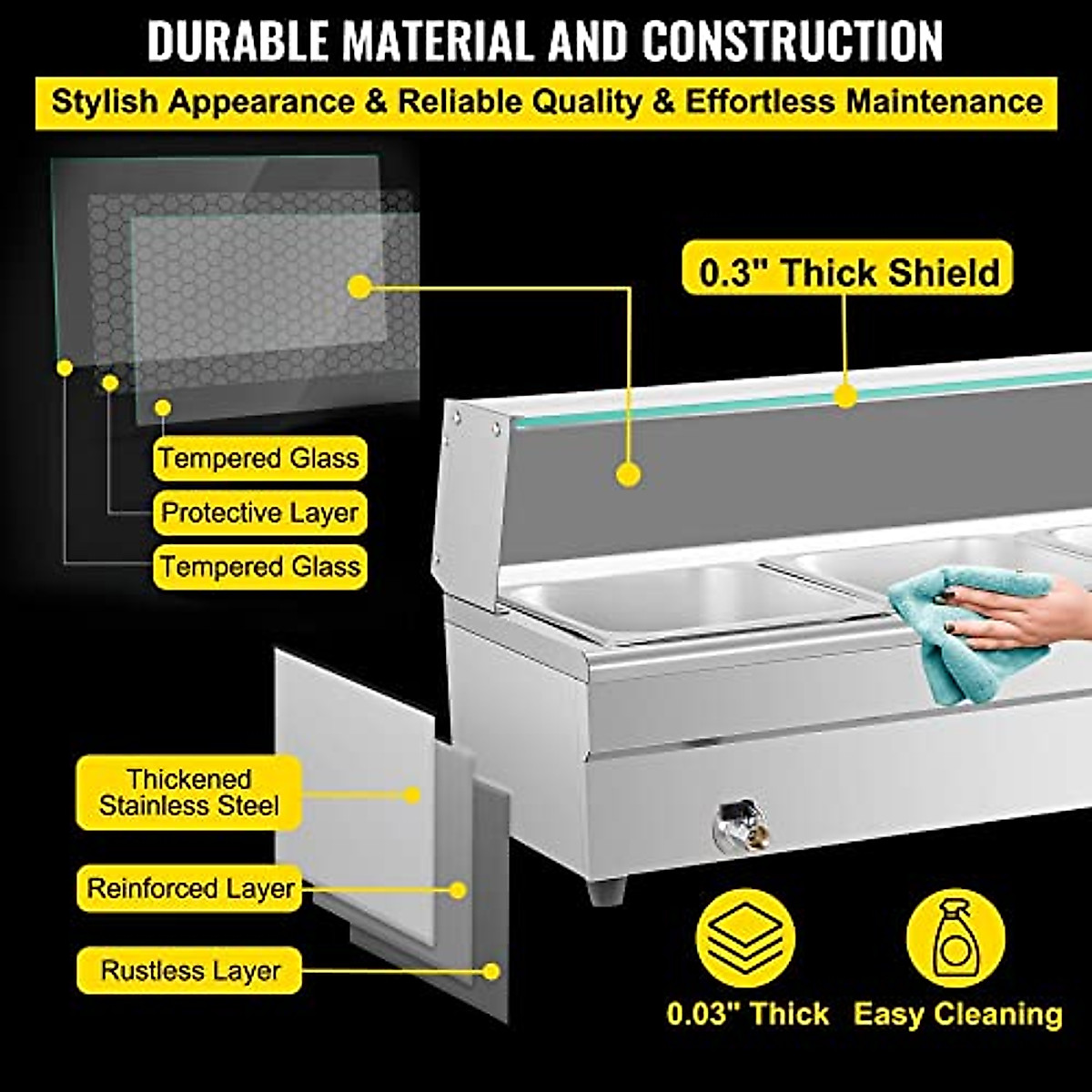 Commercial Food Warmer Bain Marie, 44 Qt Electric Countertop Buffet Warmer with Tempered Glass Shield and Lids, 4 x 1/2 Pans Stainless Steel Steam Table, 1500W