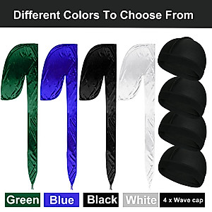 ASKNOTO 4 Pcs Silky Men Durag Headwraps with Long Tail and 4 Pcs Silk Wave Cap Perfect for 360 Waves