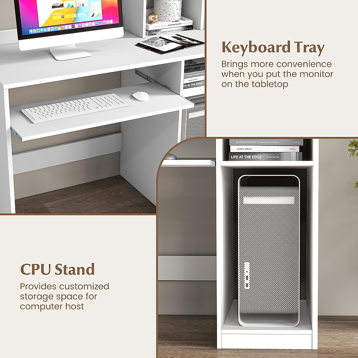 Tangkula White Desk with Hutch &Charging Station, Home Office Desk with Keyboard Tray & CPU Stand, Modern Laptop PC Desk, Space-Saving Writing Study Desk with Bookshelf, Ideal for Dorm Bedroom