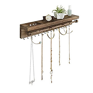 SoCal Buttercup Rustic Necklace Jewelry Organizer - Wall Mount Jewelry Holder - Mounted Hanging Jewelry Storage Hooks for Necklace, Earrings, and Rings - Farmhouse Wood Decor Bedroom Boho Shelf Rack