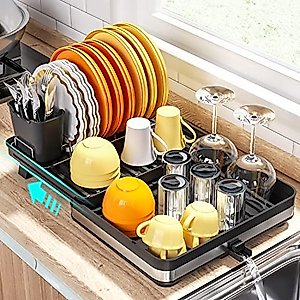 G-TING Dish Drying Rack, Expandable (11.8"-20.5") Large Capacity Dish Rack, Dish Drainer with Stainless Steel Cutlery Rack and Cutlery Bucket, Drying Rack for Kitchen Counter