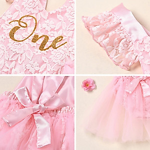 Baby Girl First Birthday Outfit Lace Tulle Romper Princess Tutu Dress One Year Old Birthday Cake Smash Photography Clothes Pink +Crown 12-18 Months