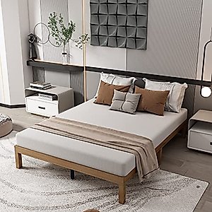 JULYFOX Rubber Wood Bed Frame Queen Size, 12 inch Solid Wood Platform Bed Queen Size 650 lbs Heavy Duty No Headboard No Box Spring Needed,(Natural,Queen Size)