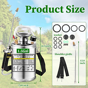 Kweetle 1.5Gal Stainless Steel Pump Up Sprayer Reinforced Hose, Hand Pump Sprayer with Pressure Gauge&Safety Valve, Adjustable Nozzle Suitable for Gardening (1.5 Gallon)