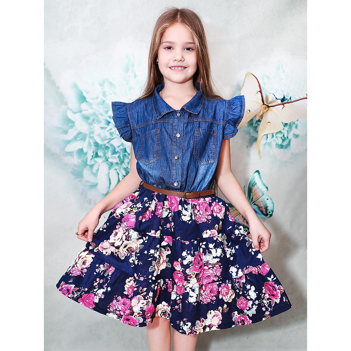 YJ.GWL Western Dress Girl, Denim Tops Flower Girl Dress, Princess Dresses for Girls, Girls Summer Dress Casual Outfits, Party Dresses Fashion Clothes for Girl 7-8 Years