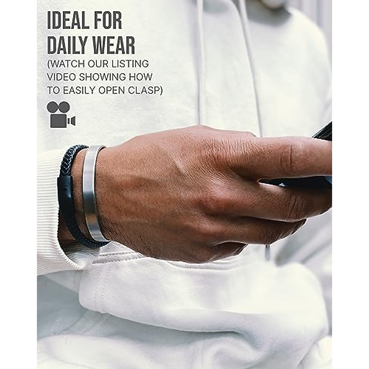 LUXAR Men’s Genuine Interwoven Black Leather Braided Bracelet | Brushed Black Stainless Steel Clasp | Large (7-7½ Inch Wrist) | Male Jewelry