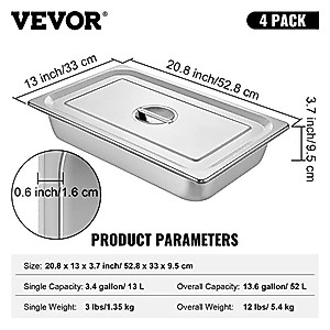 Mophorn 4 Pack Hotel Pan 3.7" Deep Steam Table Pan Full Size with Lid 20.8" L x 13" W Hotel Pan 22 Gauge Stainless Steel Anti Jam Steam Table Pan