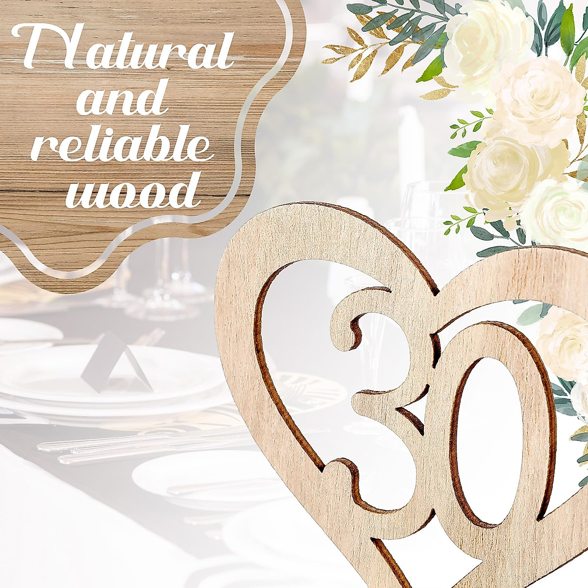 Blulu 40 Pieces Wooden Wedding Table Numbers Heart Shape 1-40 Table Numbers with Holder Base Standing Rustic Hollow Wood Table Numbers for Wedding Event Party Catering Decoration