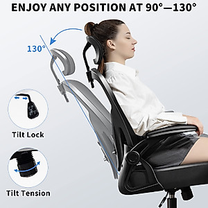 Darkecho Office Chair,Ergonomic Desk Chair with Adjustable Headrest and Lumbar Support,High Back Mesh Computer Chair with Padded Flip-up Armrests,Swivel Task Chair,Tilt Function,Black