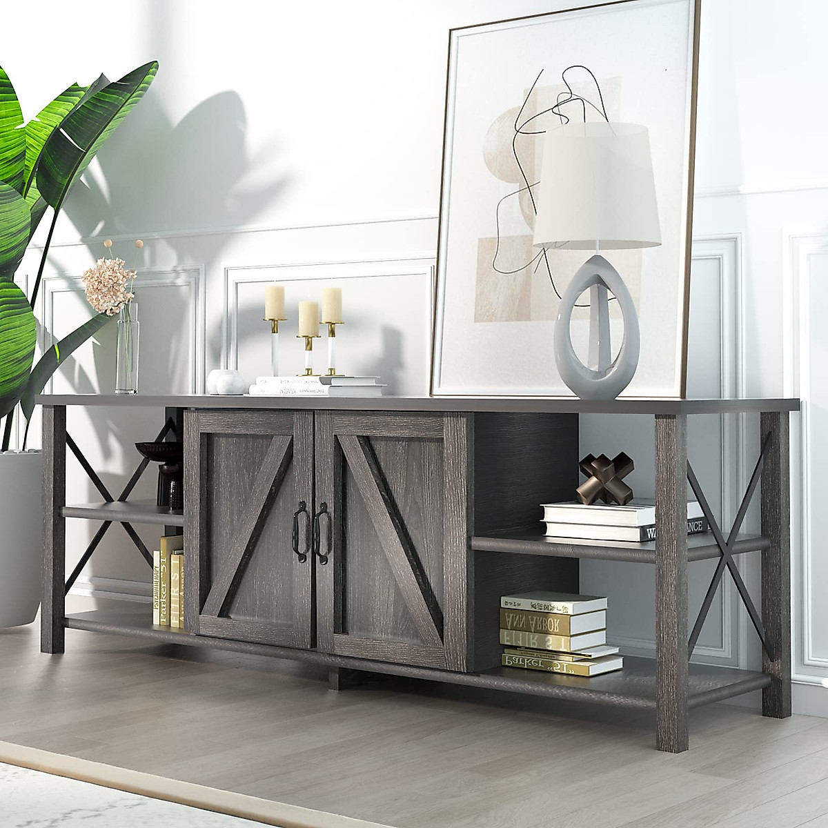 AUXSOUL 70 Inch TV Stand for 75 Inch TV, Farmhouse Entertainment Center with Storage Shelves & Barn Door, TV Console Cabinet for Living Room Bedroom,Grey Wash